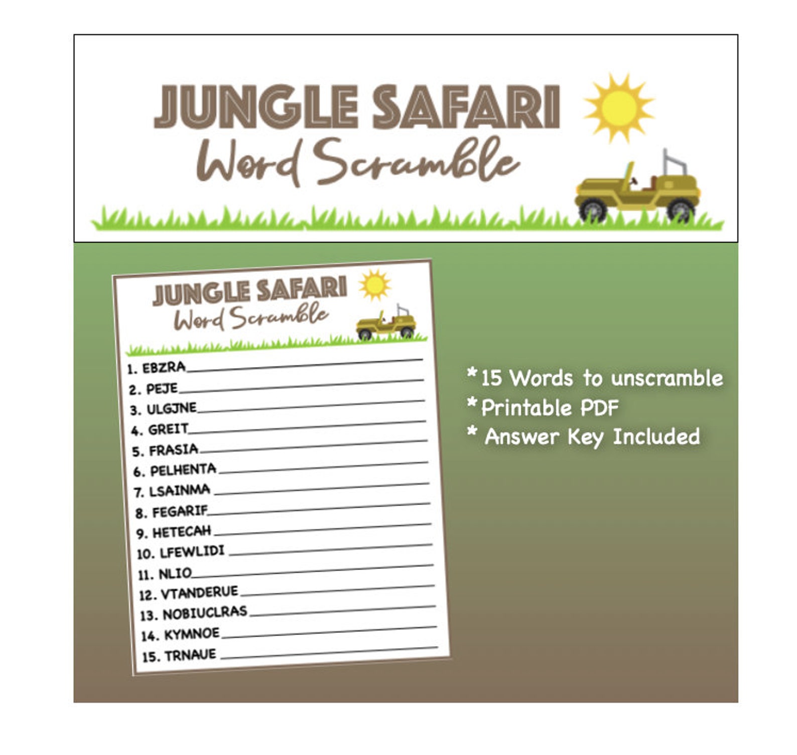 Jungle Safari Word Scramble - Party Game, Classroom Game, Road Trip ...