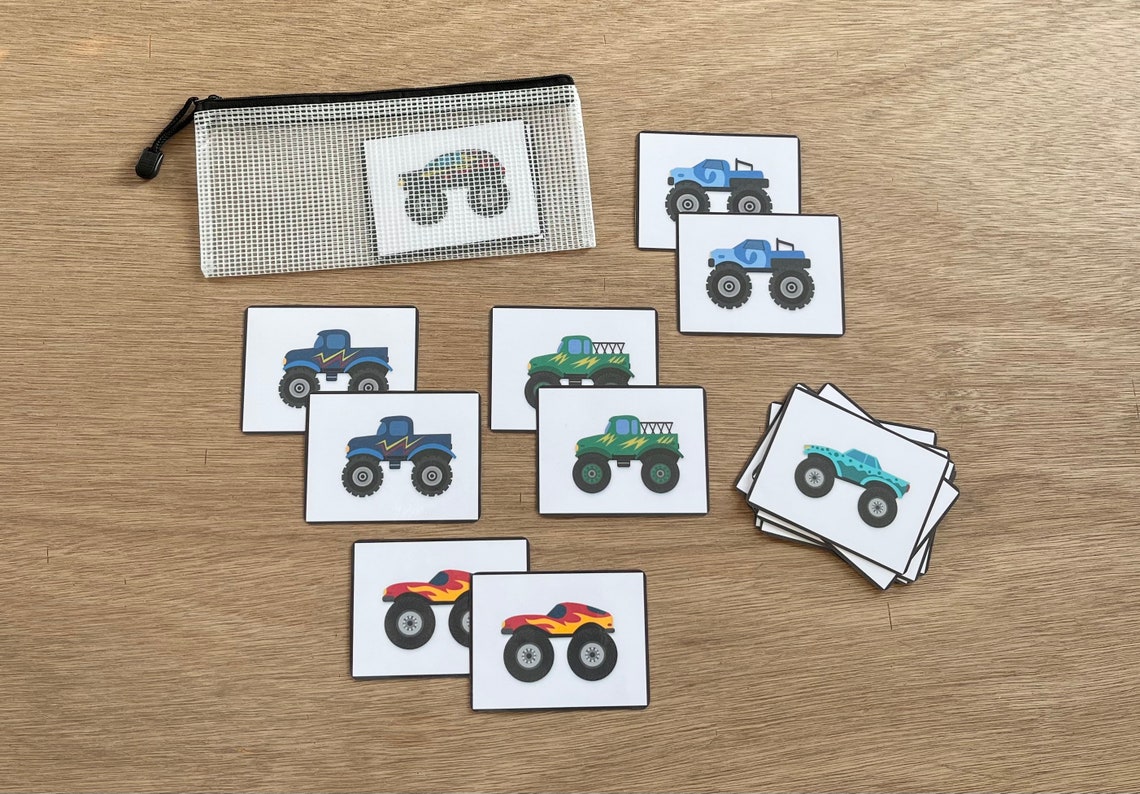 Monster Trucks & Cars Memory Match Game: Laminated With Zip Pouch - Etsy