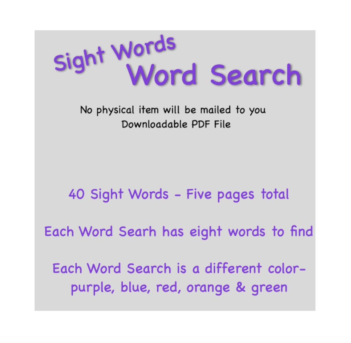 Sight Words Printable Word Search Set of 5 40 Sight - Etsy