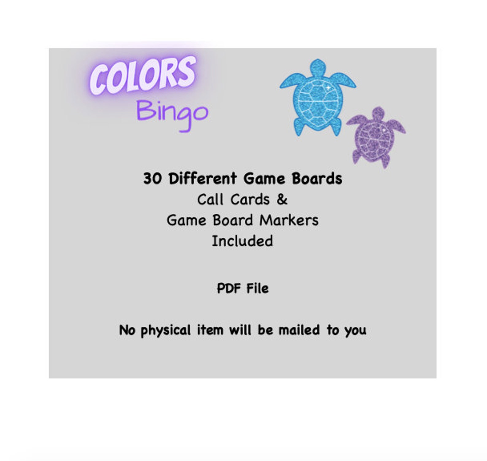 Colors Bingo 30 Different Game Boards- Turtles -call Cards and Game ...