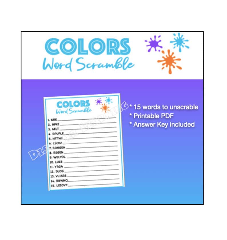 Colors Word Scramble - Printable PDF - Party Game, Classroom Game ...
