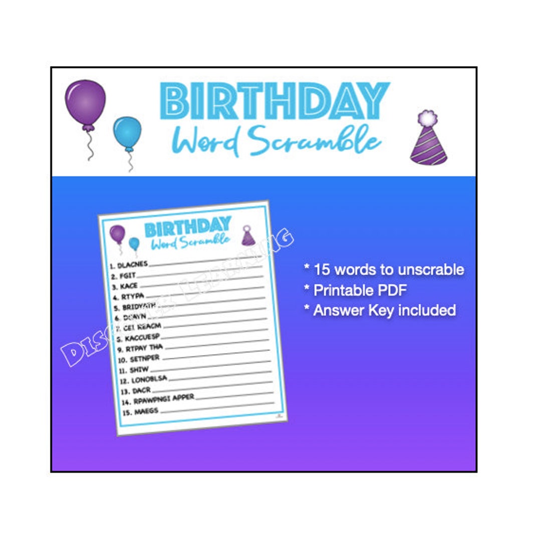 Birthday Word Scramble Printable PDF Party Game, Classroom Game ...