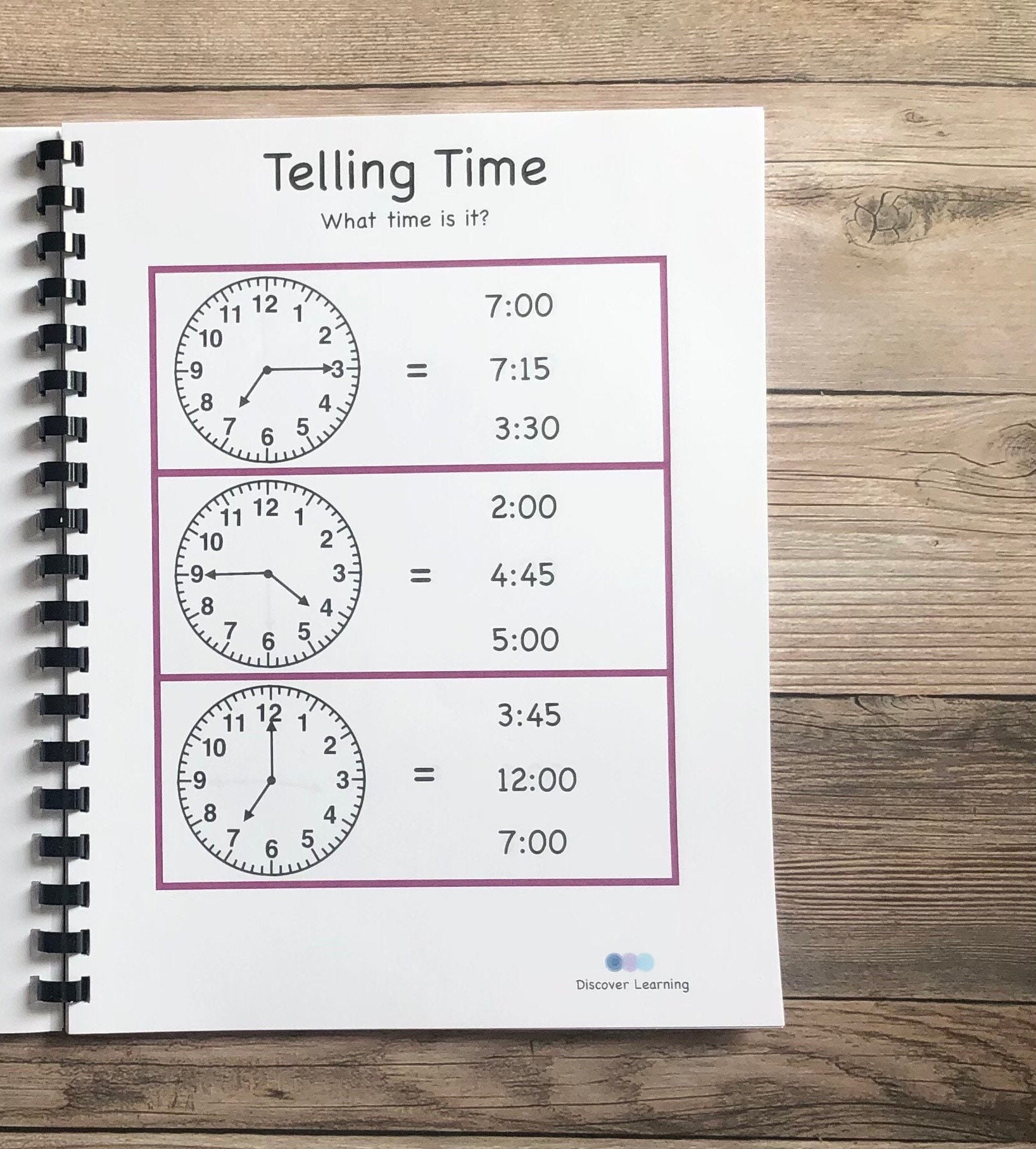 Telling Time Workbook: 15-minute Increments, Half Hour, on the Hour ...
