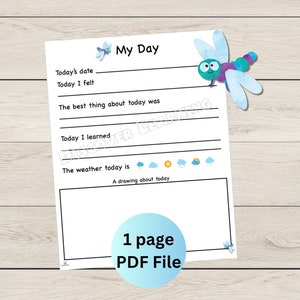 Kids Printable Daily Journal - Dragonfly - My Day Journal Prompts - PDF ...
