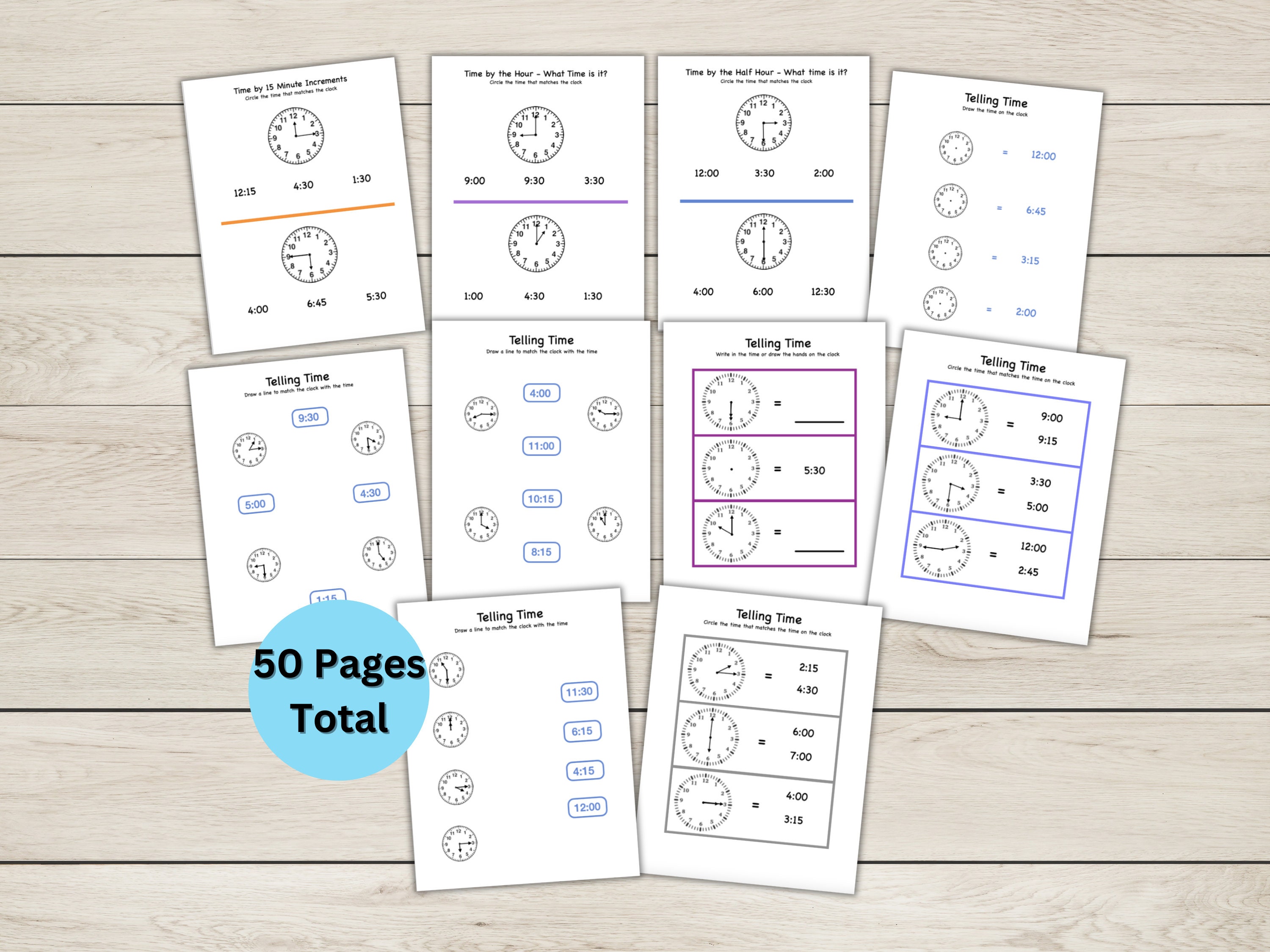 Telling Time Workbook: 15-minute Increments, Half Hour, on the Hour ...