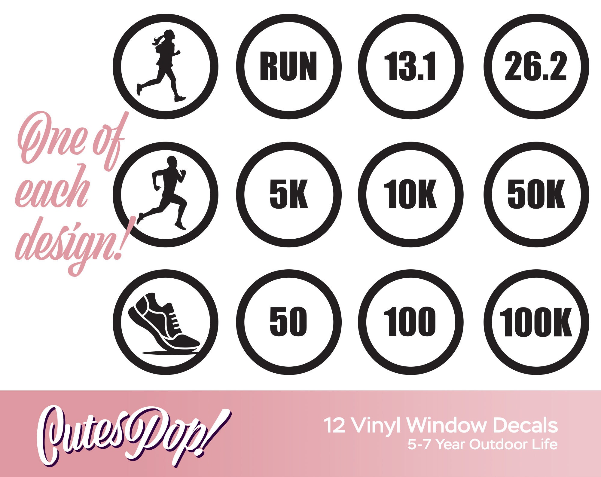 SET OF TWELVE 3in Running Vinyl Decal Window Stickers, 5K, 10K, 13.1 ...