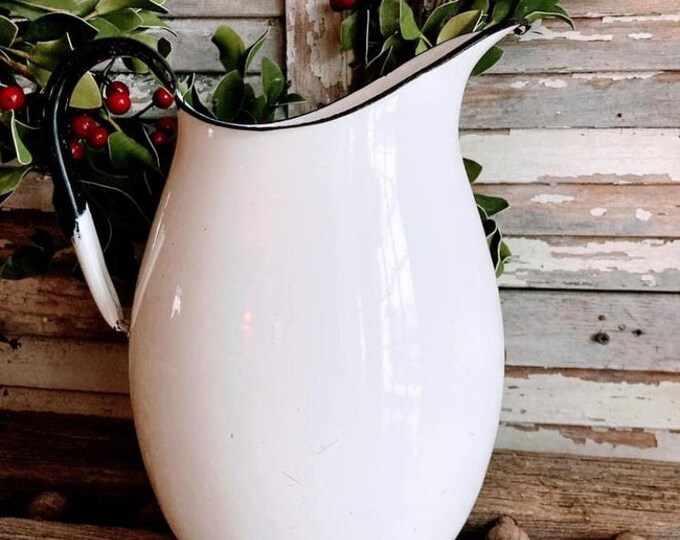 Vintage Enamelware Pitcher Large Classic Farmhouse White Black Trim - Etsy
