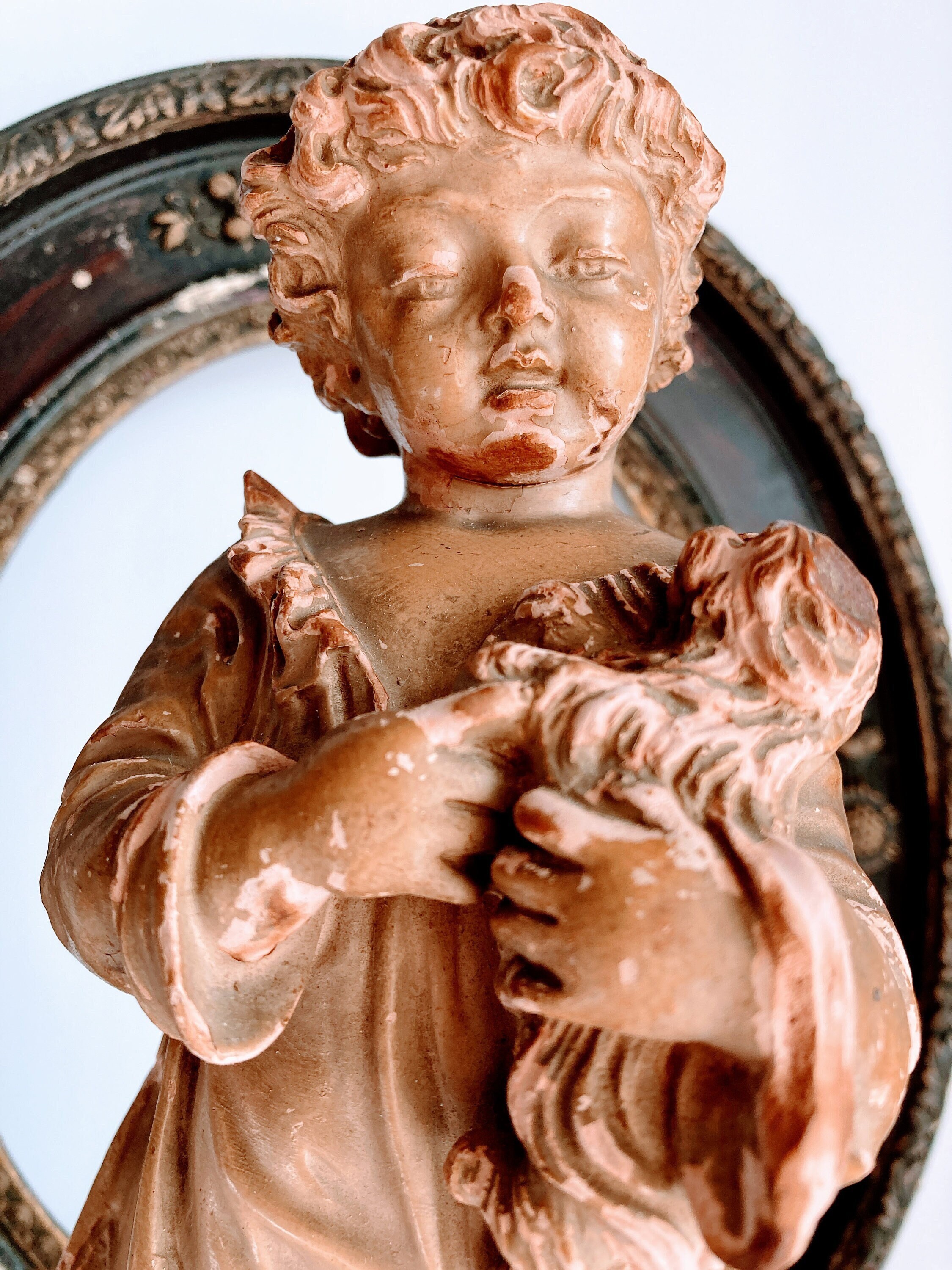 Old Shabby Statue Boy With Dogs Chippy Painted Chalk Ware Family Cares ...