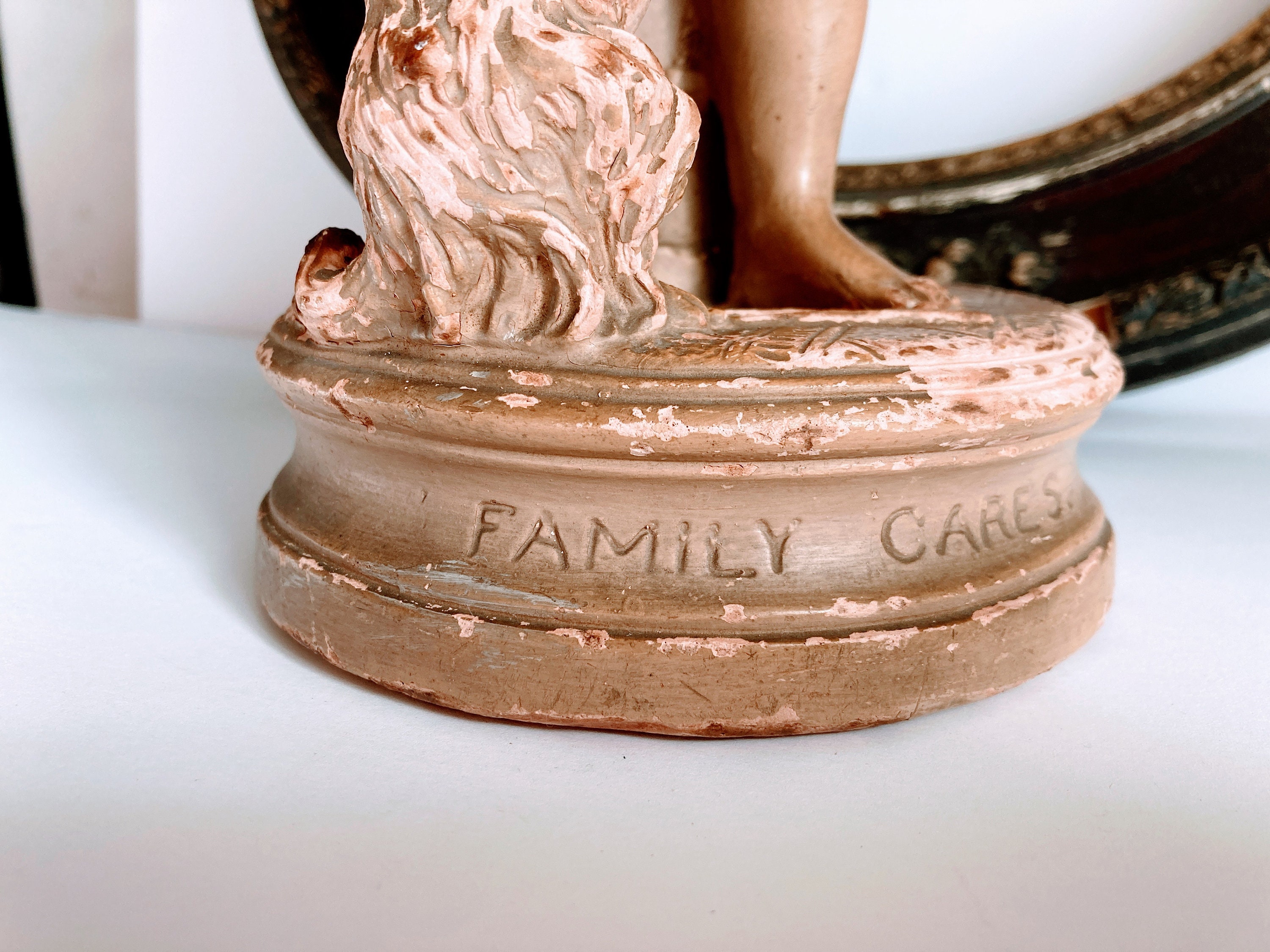 Old Shabby Statue Boy With Dogs Chippy Painted Chalk Ware Family Cares ...