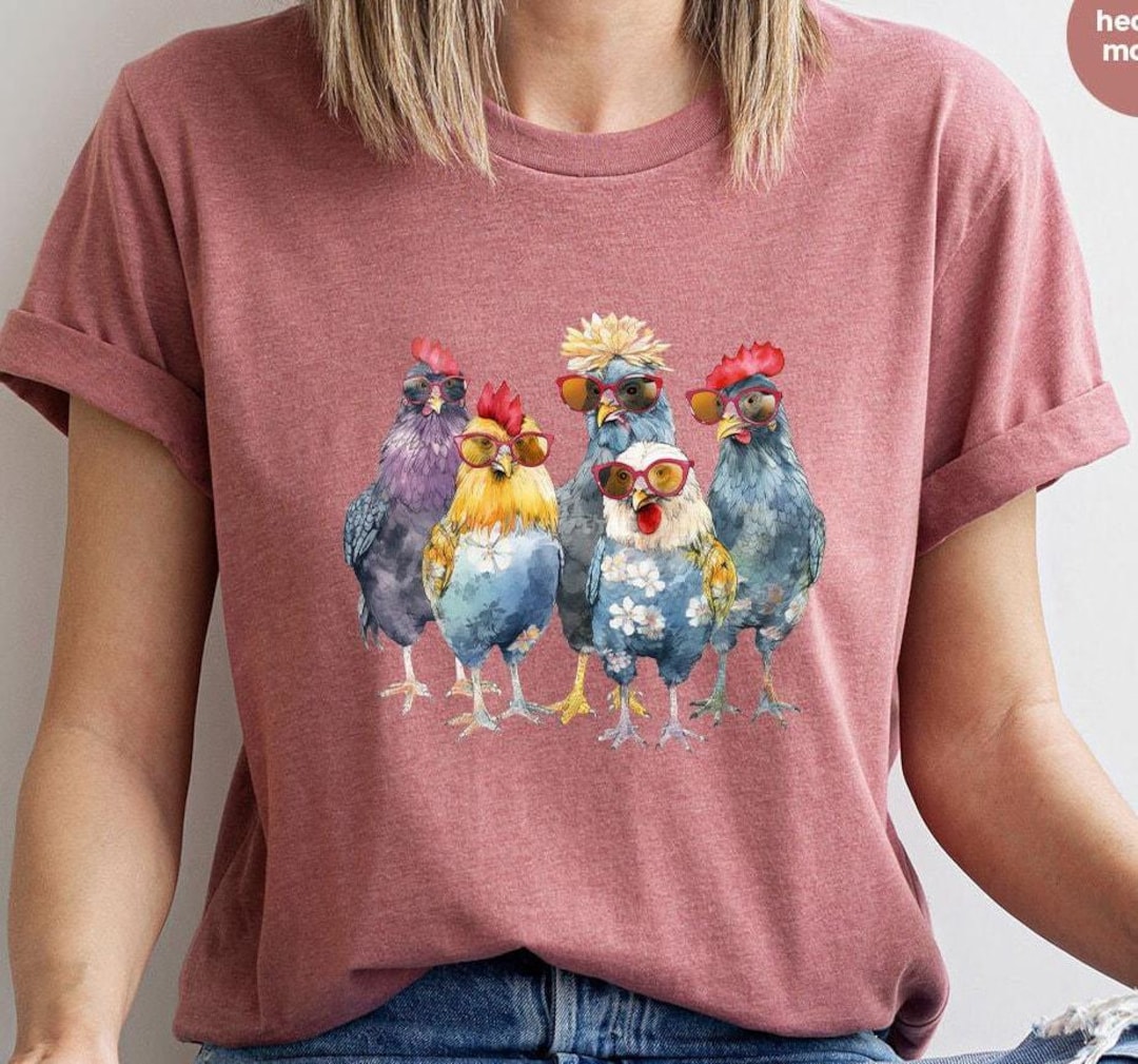 Floral Design, Funny Chicken T-shirt, Cute Farm V-neck Tee, Animal ...