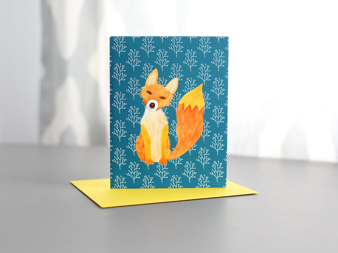 Cute Yellow Fox Blank Card, Yellow Fox Greeting Card, Fox Greeting Card ...