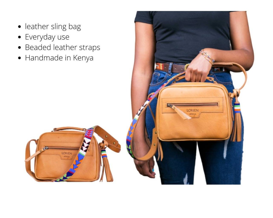 Leather shoulder sling bag for women with beaded straps | Etsy