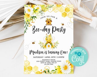 Editable Bee Themed Birthday Invitation, Summer Birthday, Honey Bee ...