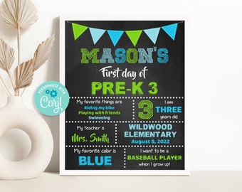 Editable First Day of Preschool Sign Blue Green First Day of School ...