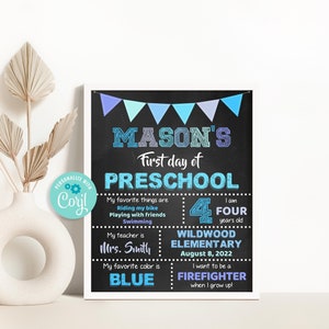 Blue First Day of Preschool Chalkboard Sign, Editable 1st Day of School ...
