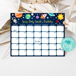Editable Outer Space Baby Due Date Calendar, Planets Astronaut Guess ...