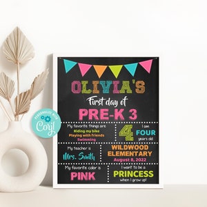 First Day of Pre-k 3 Chalkboard Sign, Editable 1st Day of School Sign ...