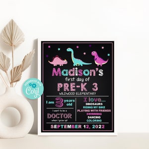 Dinosaurs First Day of Pre-k Chalkboard Sign, Editable Girl Back to ...
