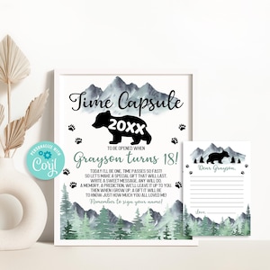 Editable Adventure Time Capsule Sign, Bear Woodland Mountain Birthday ...