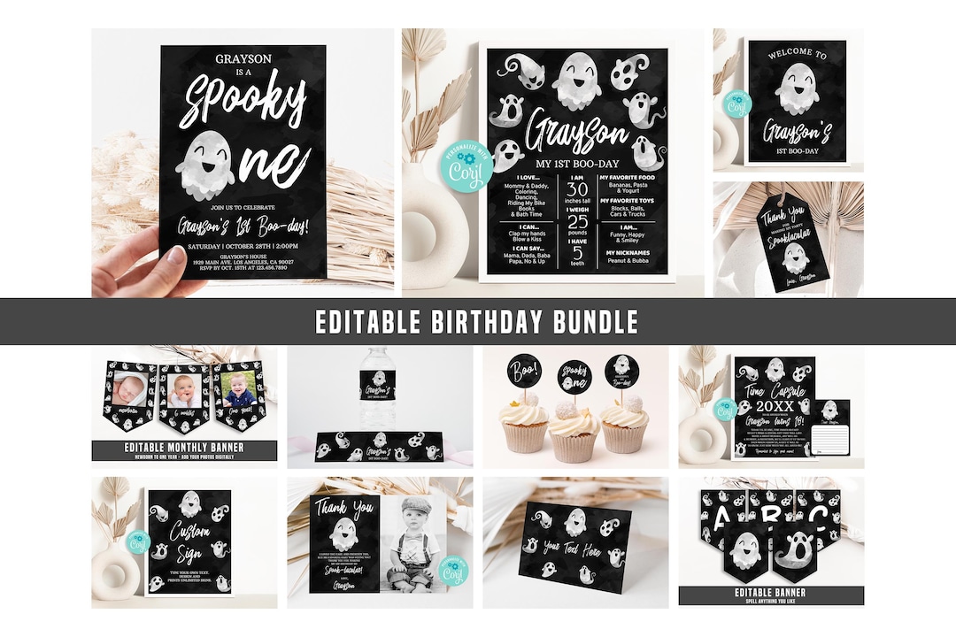 Editable Halloween 1st Birthday Bundle, Spooky One Birthday Party Invitation Bundle, Cute Ghost ...