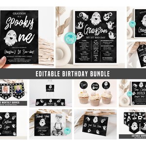 Editable Halloween 1st Birthday Bundle, Spooky One Birthday Party Invitation Bundle, Cute Ghost ...