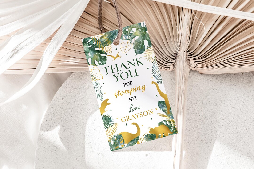 Gold Dinosaurs Birthday Thank You Tag, Dino Party Favor Tag, Boy ...