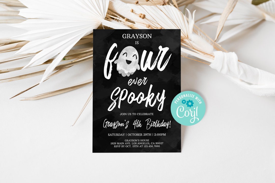 Editable Four Ever Spooky Birthday Invitation, Halloween 4th Birthday ...