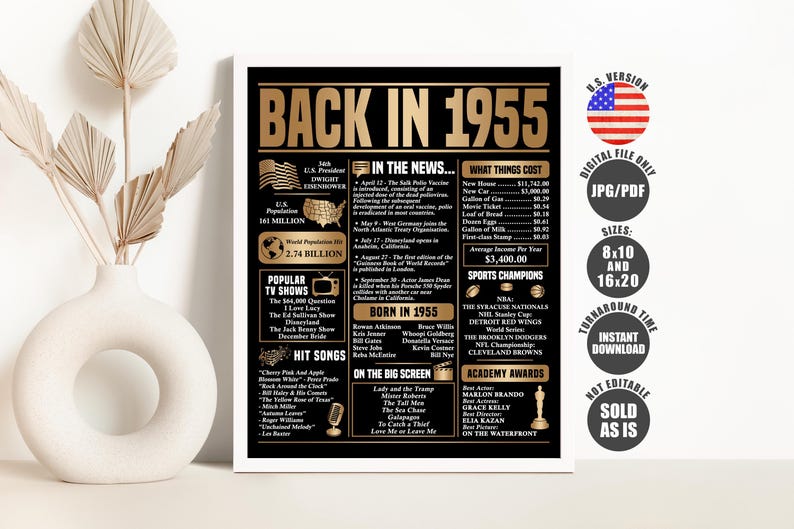 1955 Year You Were Born Poster: Gold Back in 1955 Sign (digital ...