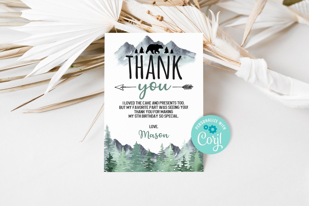 Editable Adventure Awaits Thank You Card, Woodland Bear Mountains Thank ...