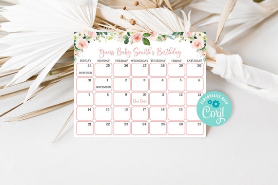 Editable Blush Floral Baby Due Date Calendar Pink Flower - Etsy