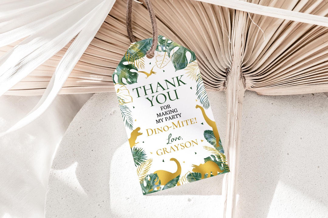 Dinosaurs Birthday Thank You Tag, Dino Mite Party Favor Tag, Gold ...