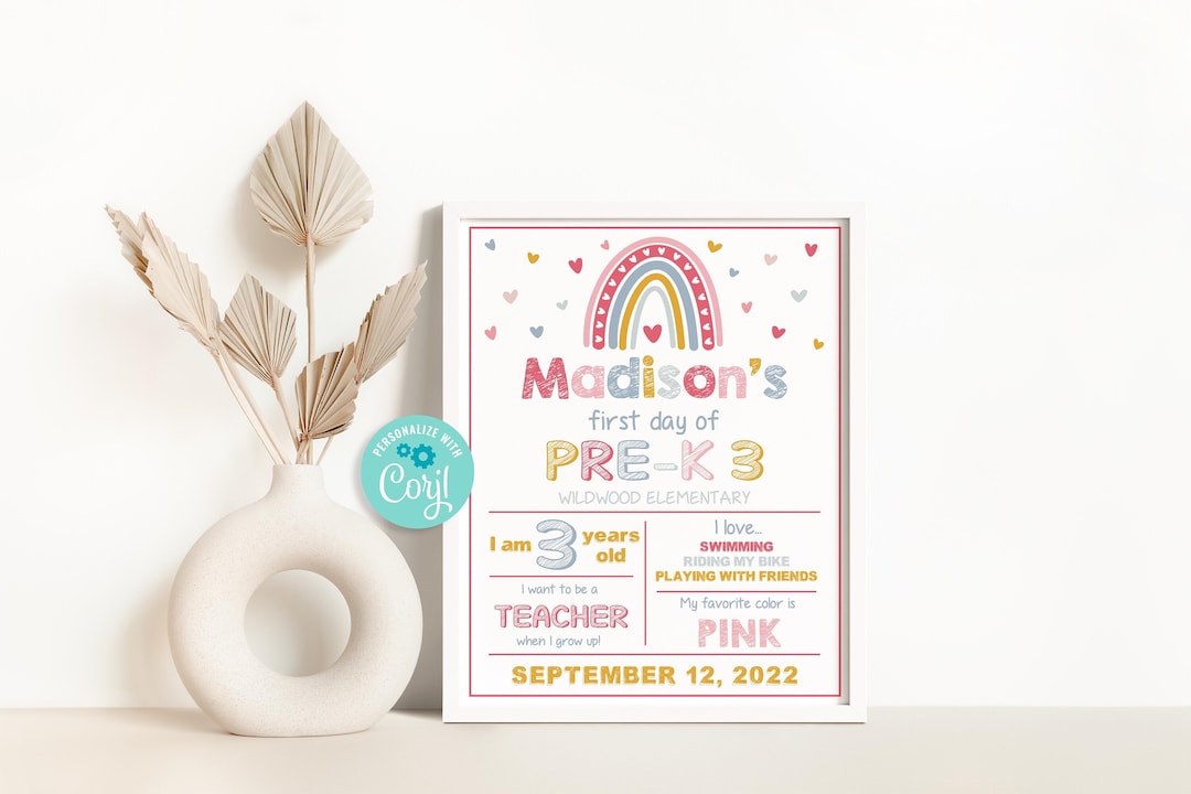 Boho Rainbow 1st Day of Pre-k Chalkboard Sign, Editable Girl Back to ...