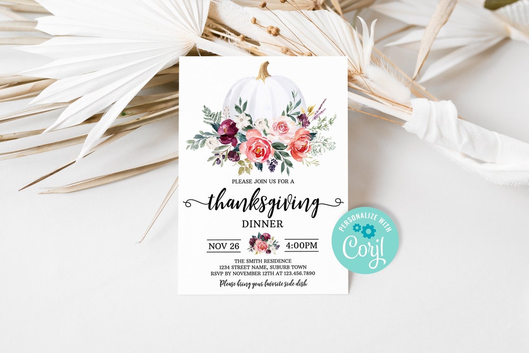 Floral Thanksgiving Dinner Invitation, Editable Potluck Invite (digital ...
