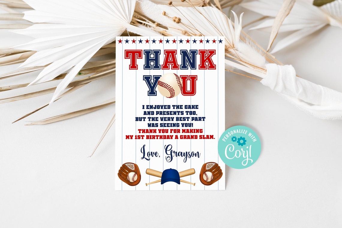 Editable Baseball Birthday Party Thank You Card - Etsy