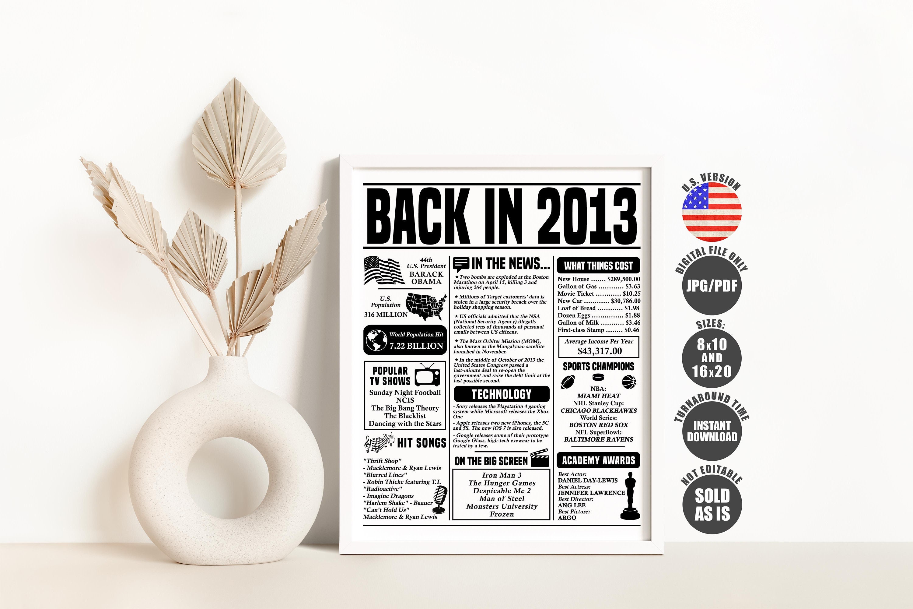 Back in 2013 Sign 10th Birthday Newspaper Poster Born in - Etsy
