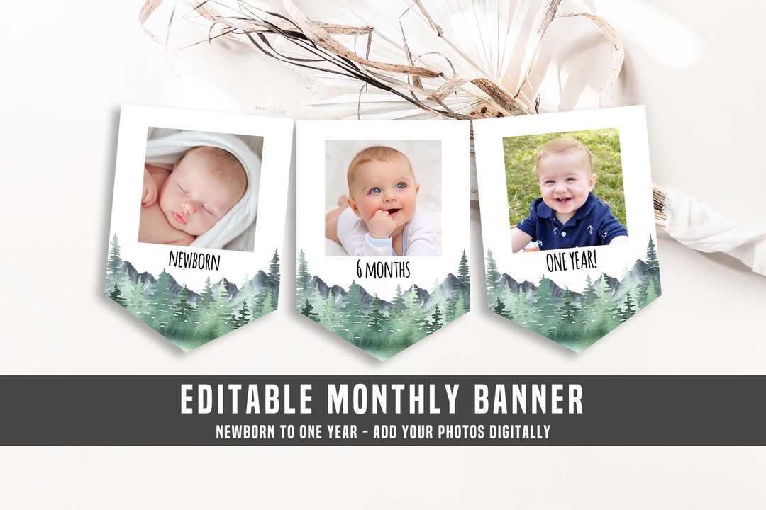 Editable Adventure Awaits Monthly Banner, Mountains 1st Birthday Photo ...