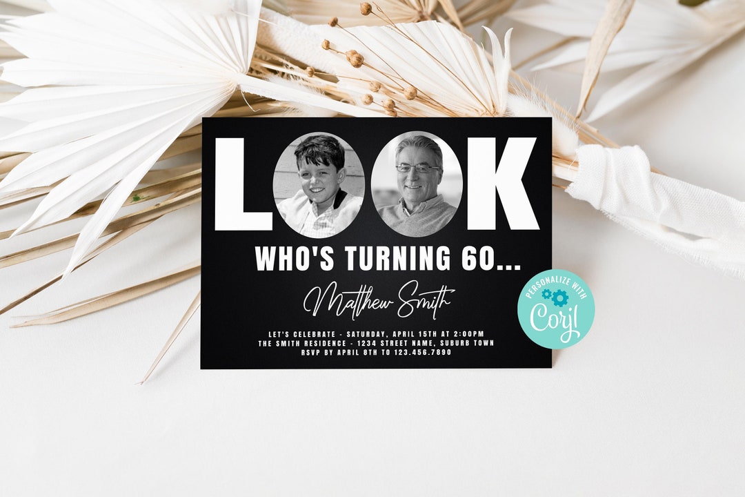 Look Who's 60 Invitation, 60th Birthday Invitation for Men, Black and ...