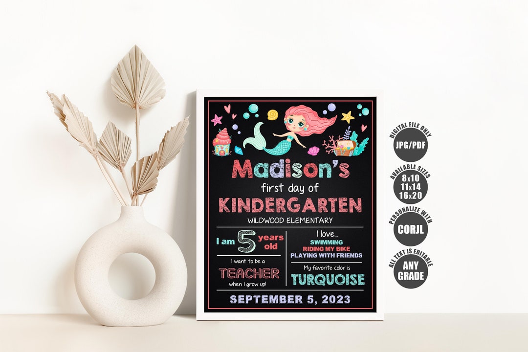 Mermaid First Day of Kindergarten Chalkboard Sign Editable, Girl First ...