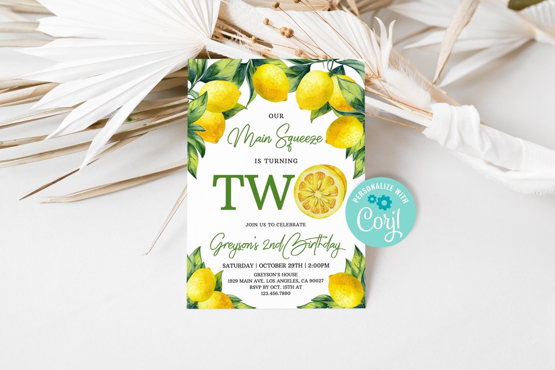 Editable Lemon 2nd Birthday Invitation, Our Main Squeeze Invite, Citrus ...