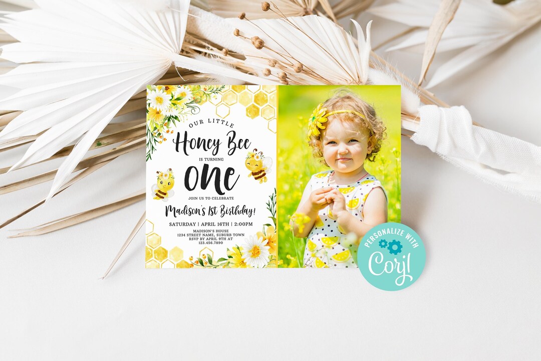 Editable Bee First Birthday Invitation, Honey Bee 1st Bee-day Party ...