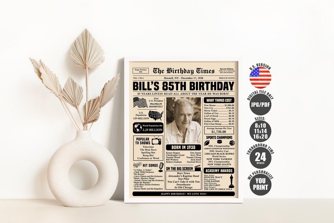 85th Birthday Newspaper Poster, 85th Birthday Decorations, Back in 1938 ...