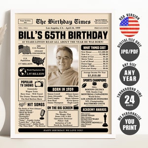 65th Birthday Newspaper Sign, Back in 1959 Poster, 65th Birthday Gift ...