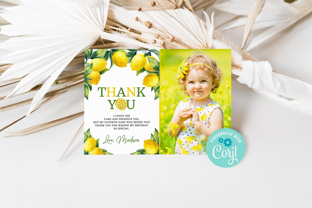 Editable Lemon Thank You Card With Photo, Citrus Lemonade Birthday ...