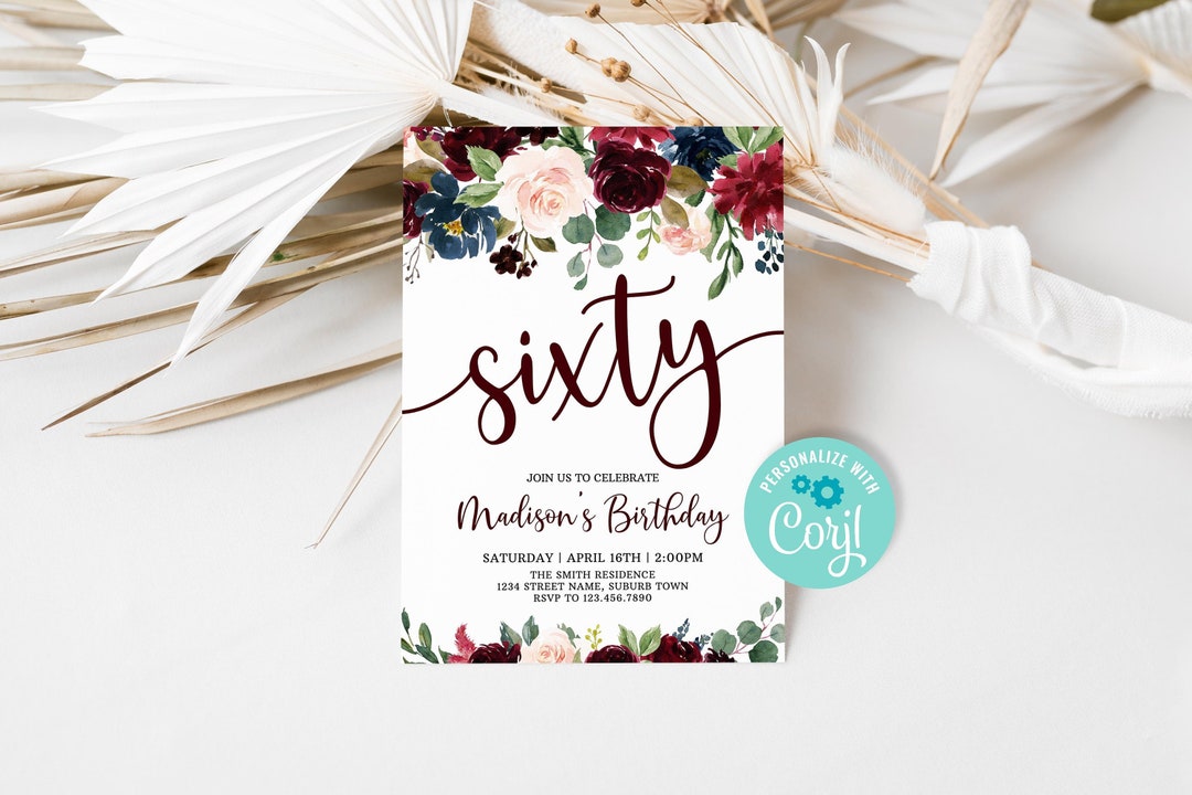 Editable Burgundy 60th Birthday Invitation for Women, Navy Marsala ...