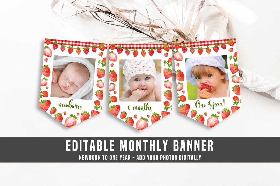 Editable Strawberry Monthly Banner, Berry First Birthday Photo Banner ...