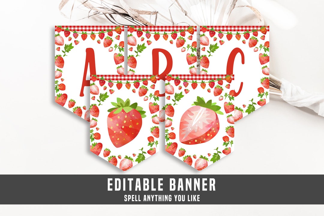 Editable Strawberry Birthday Banner, Berry Sweet Party Banner ...