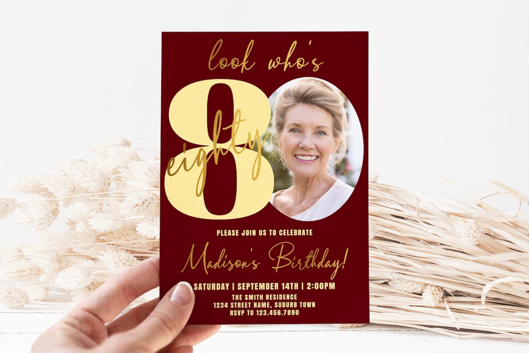 Red and Gold 80th Birthday Invitation With Photo (editable Template) - Etsy