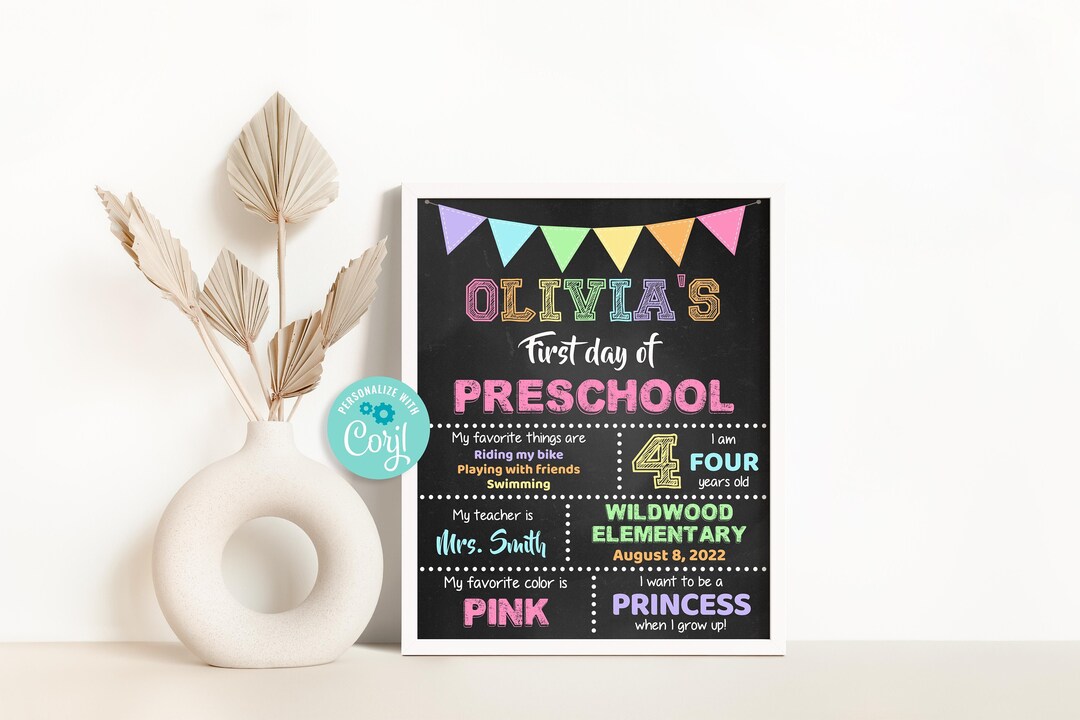 1st Day of Preschool Chalkboard Sign, Editable First Day of School Sign ...