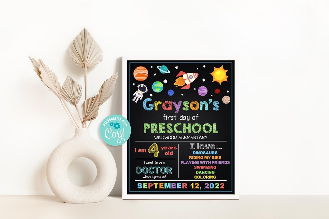 Space First Day of Preschool Chalkboard Sign, Editable Astronaut 1st ...