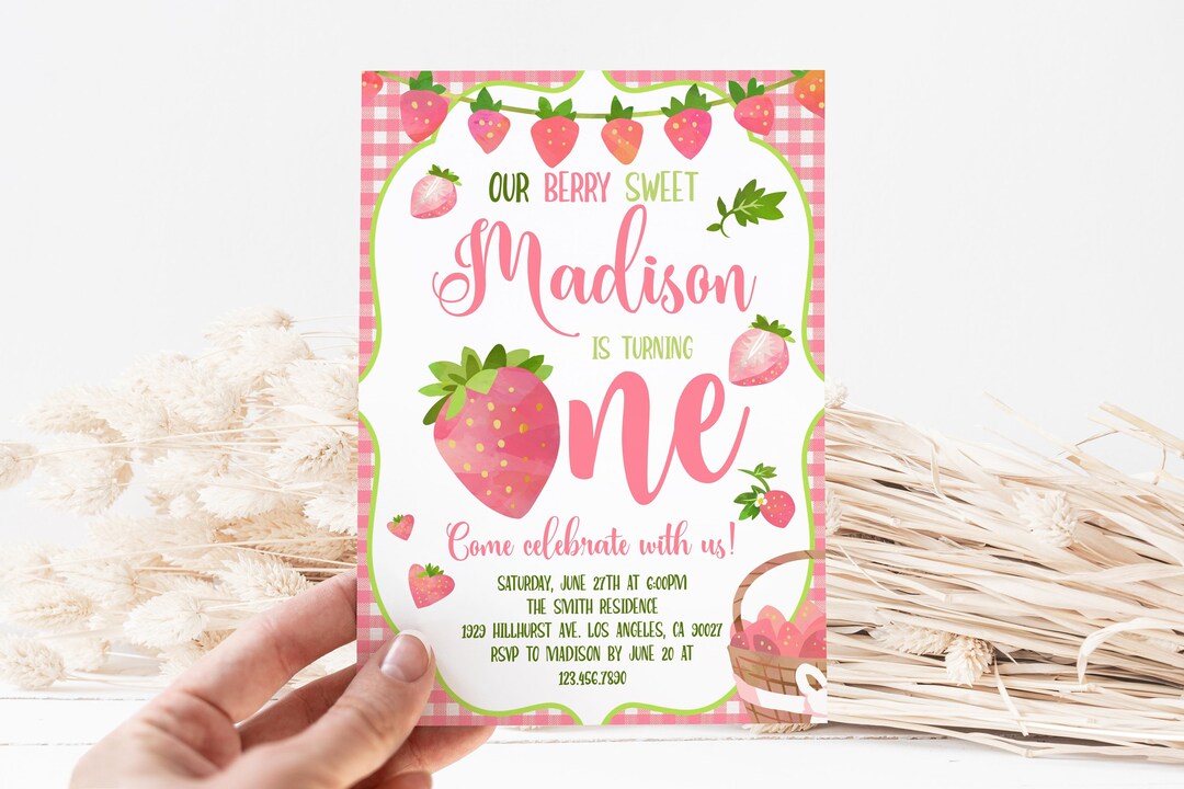 Pink Strawberry 1st Birthday Invitation Editable Strawberry First ...